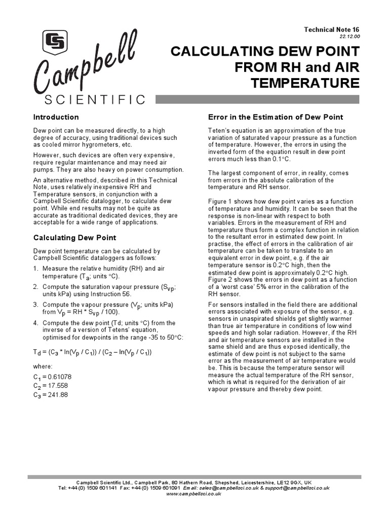 Dew Point Calculation | PDF | Humidity | Physical Chemistry