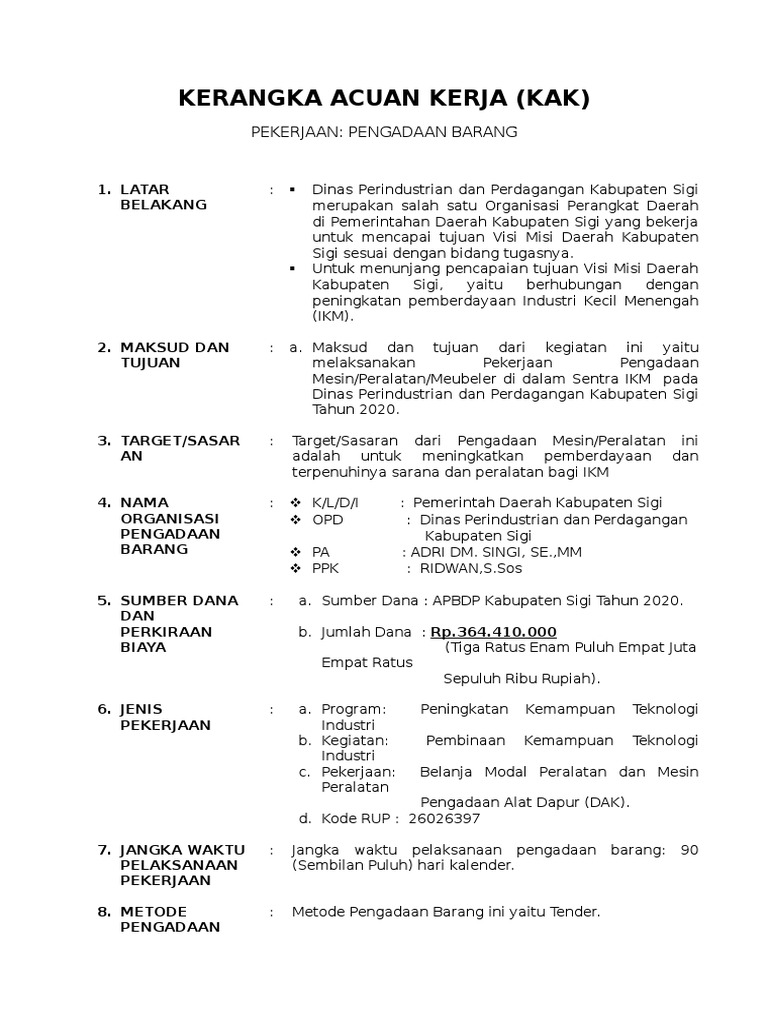 Kerangka Acuan Kerja (Kak) : Pekerjaan: Pengadaan Barang | PDF