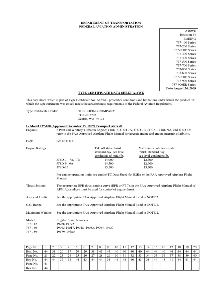 Boeing 737 A16WE Type Certificate Data | PDF | Airplane | Jet Fuel