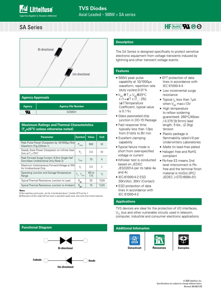 Axial Leaded - 500W SA Series | PDF | Diode | Manufactured Goods