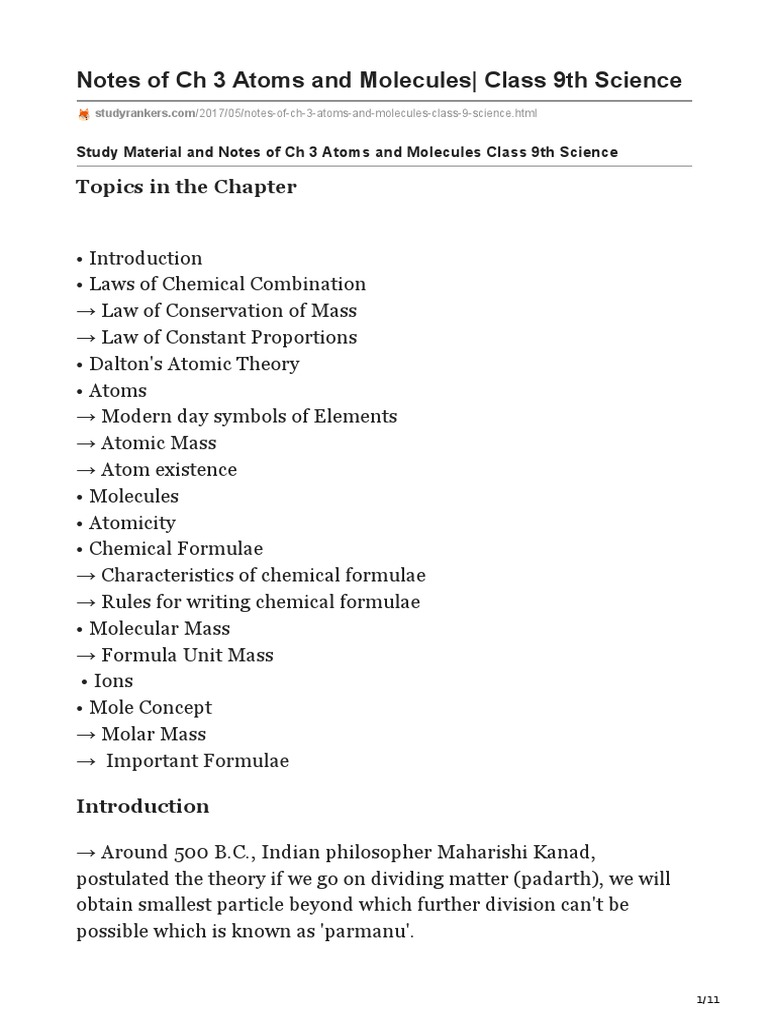 Notes of CH 3 Atoms and Molecules Class 9th Science | PDF | Ion | Mole ...