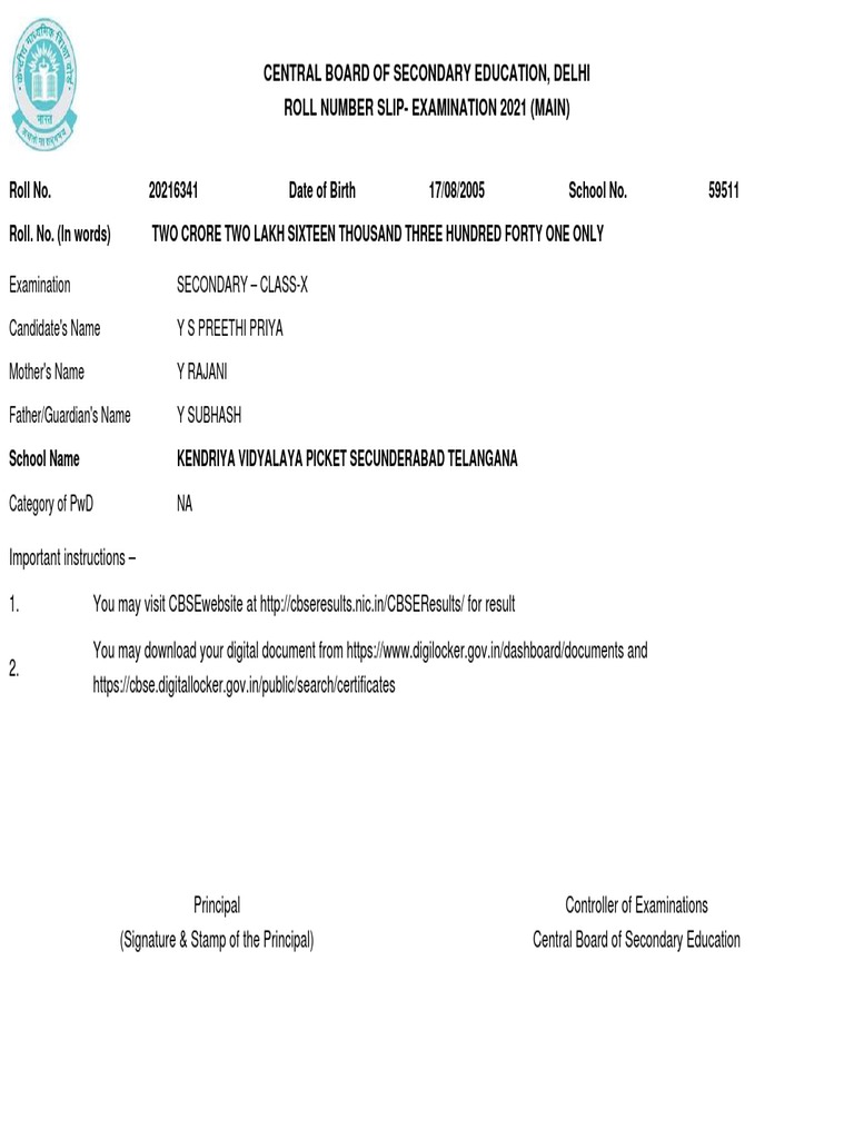 CBSE Class X Roll Number Slip 2021 | PDF