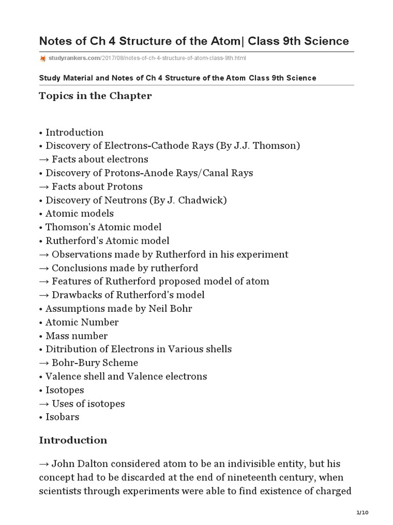 Notes of CH 4 Structure of The Atom Class 9th Science | Download Free ...