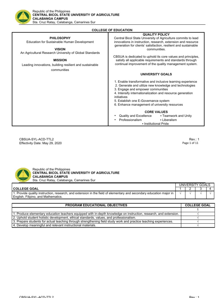 CBSUA Quality Policy and Course Syllabus | PDF | Project Based Learning ...