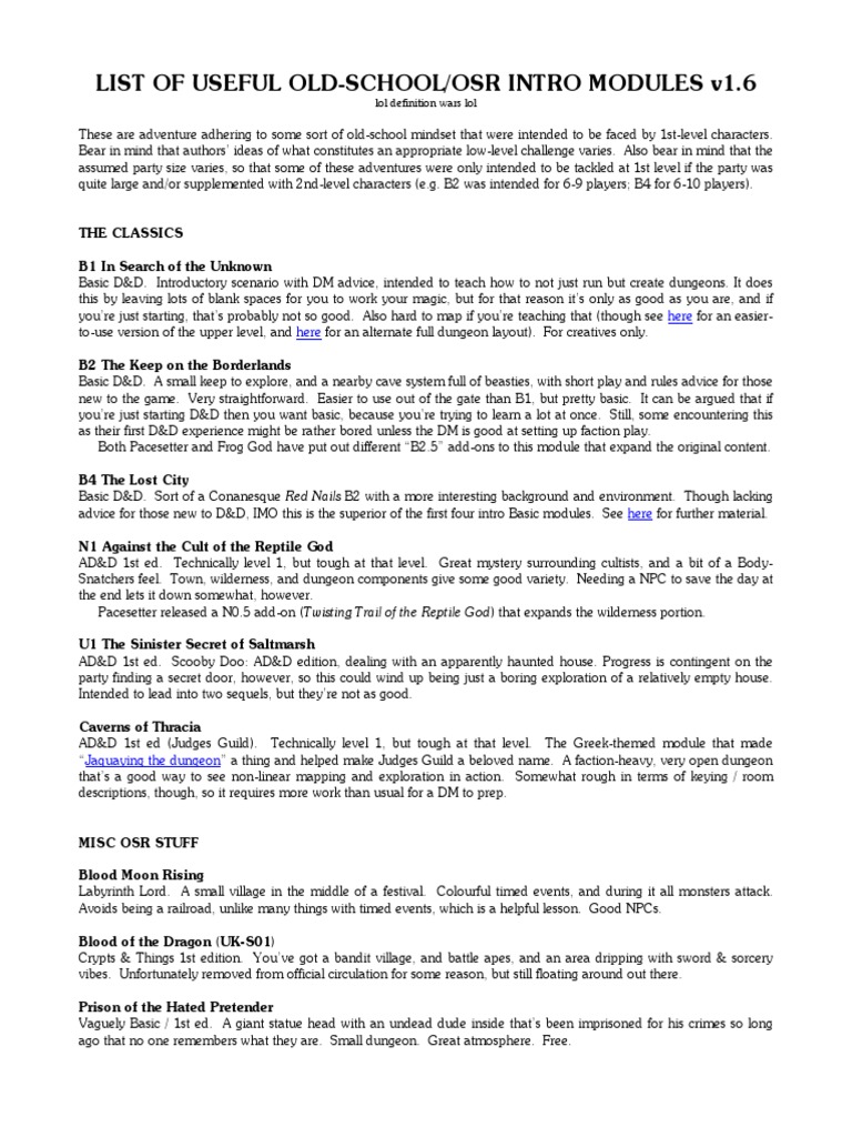 List of Useful Old-School/Osr Intro Modules V1.6: Here Here | PDF ...