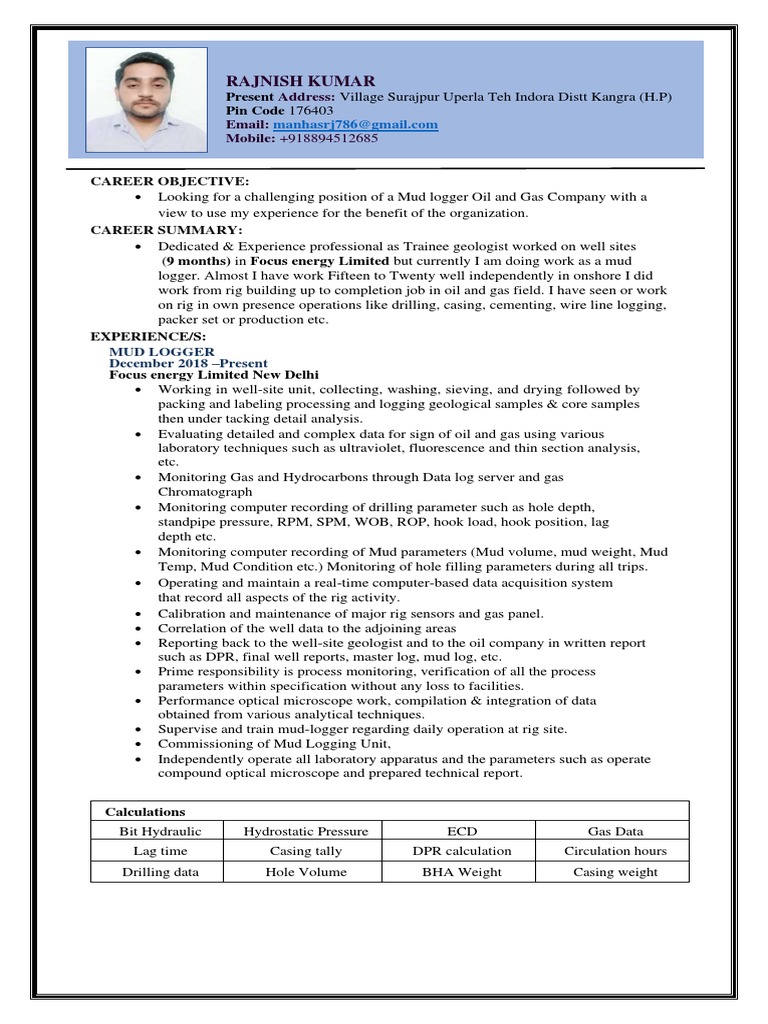 Rajnish Kumar Mud Logger Resume | PDF