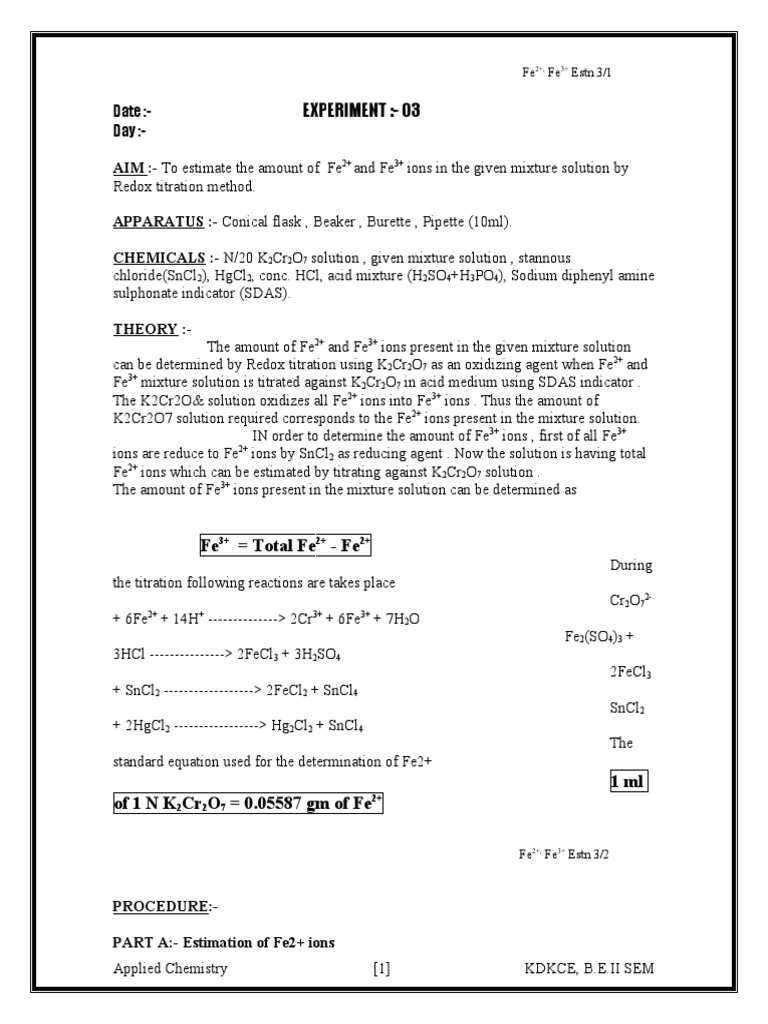 Experiment:-03: AIM: - To Estimate The Amount of Fe | PDF | Chemistry ...