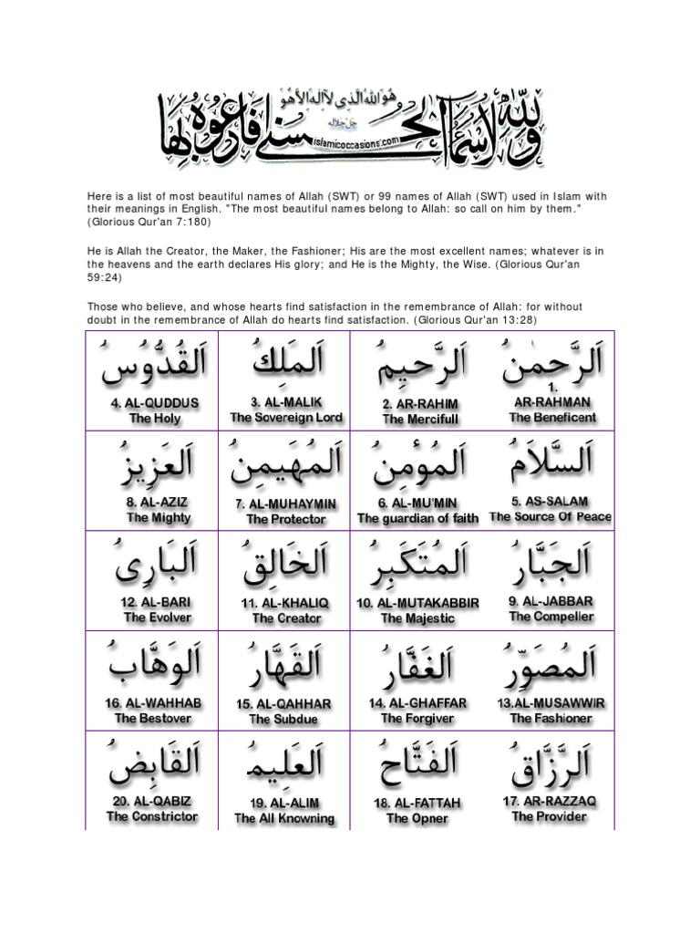 Allah & Muhammad 99 Names | PDF