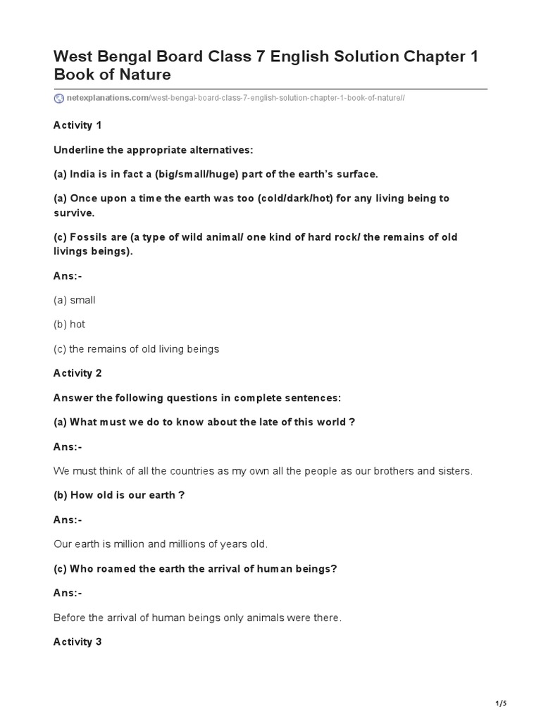 West Bengal Board Class 7 English Solution Chapter 1 Book of Nature ...