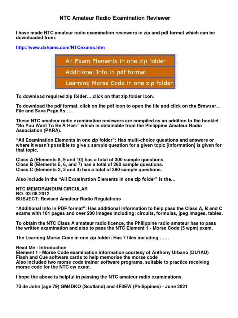 NTC Amateur Radio Examination Reviewer | PDF