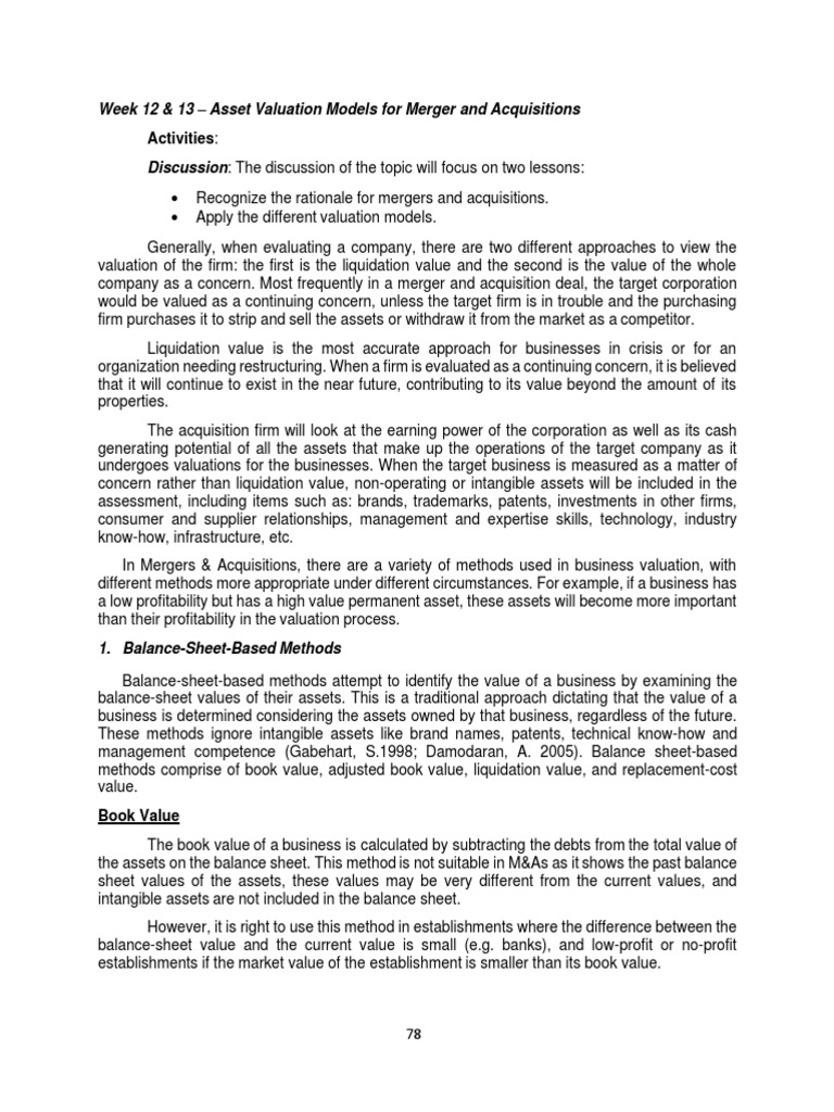 Week 12 13 Asset Valuation Models For Merger and Acquisitions ...
