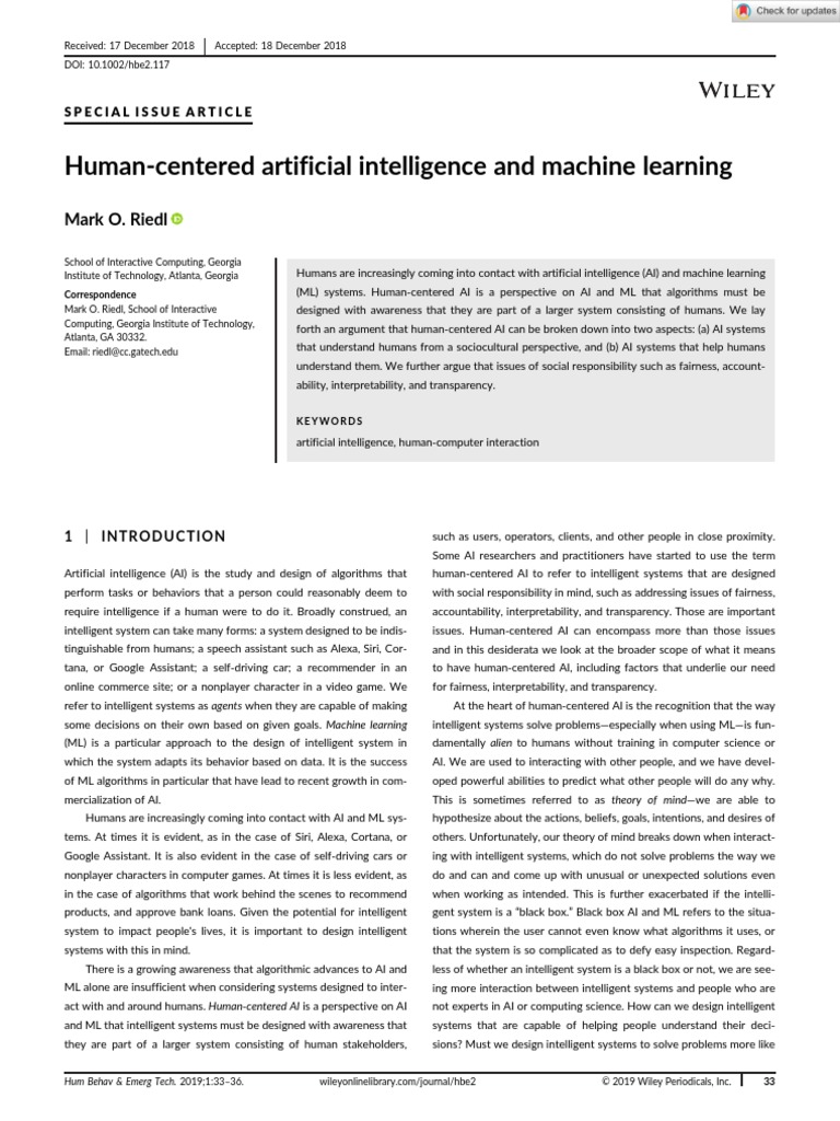 Human-Centered Artificial Intelligence and Machine Learning: Mark O. Riedl | PDF | Artificial ...