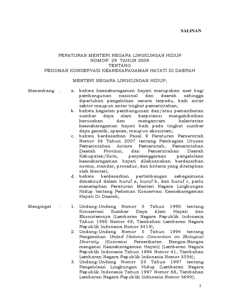 Peraturan Menteri Negara Lingkungan Hidup Nomor 29 Tahun 2009 Pedoman Konservasi Keanekaragaman ...