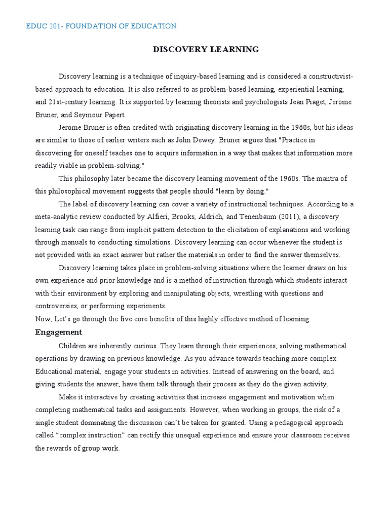 EDUC 201-FOUNDATIONS OF EDUCATION: DISCOVERY LEARNING BENEFITS | PDF | Behavior Modification ...