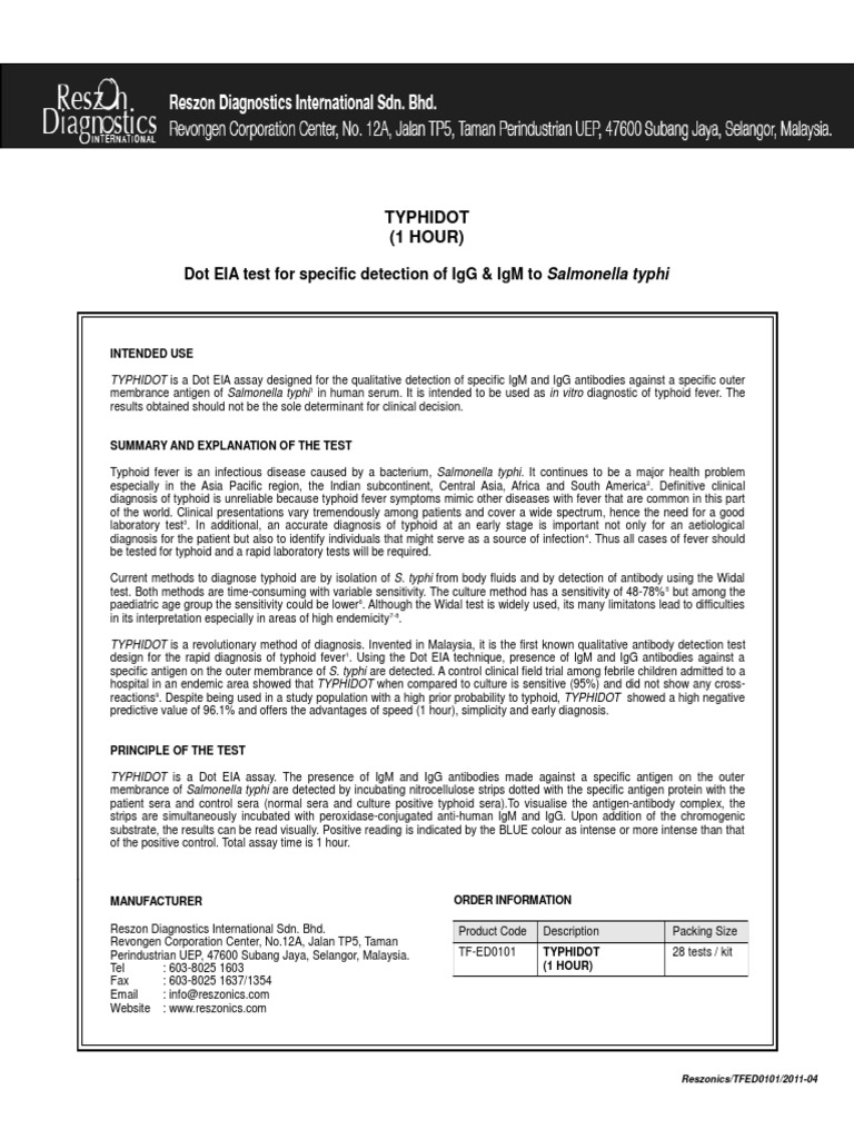 TYPHIDOT 1 HOURS (Dot EIA) - (RESZON) | PDF | Clinical Medicine ...