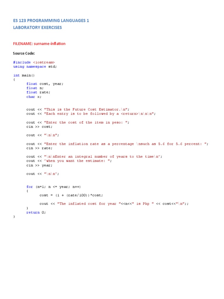 Es 123 Programming Languages 1 Laboratory Exercises: FILENAME: Surname ...