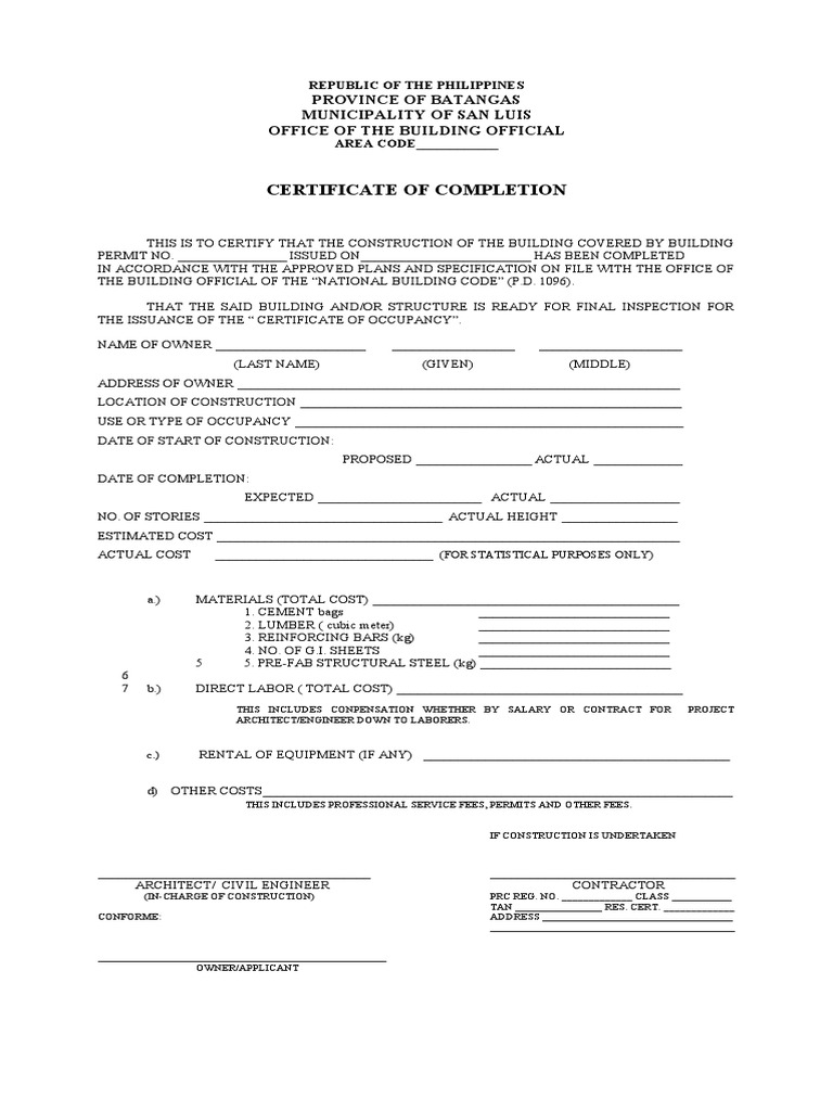 Certificate of Completion (Civil Engr.) | PDF | Engineering | Economic ...