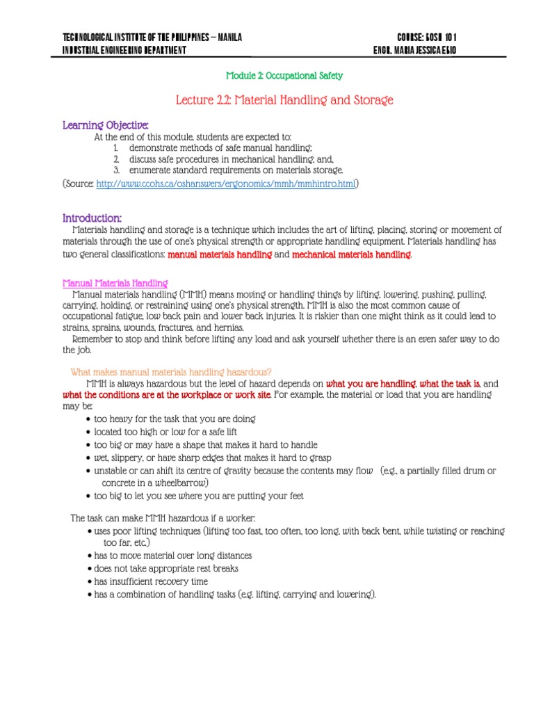 Bosh Lecture 5 Material Handling And Storage Pdf Force
