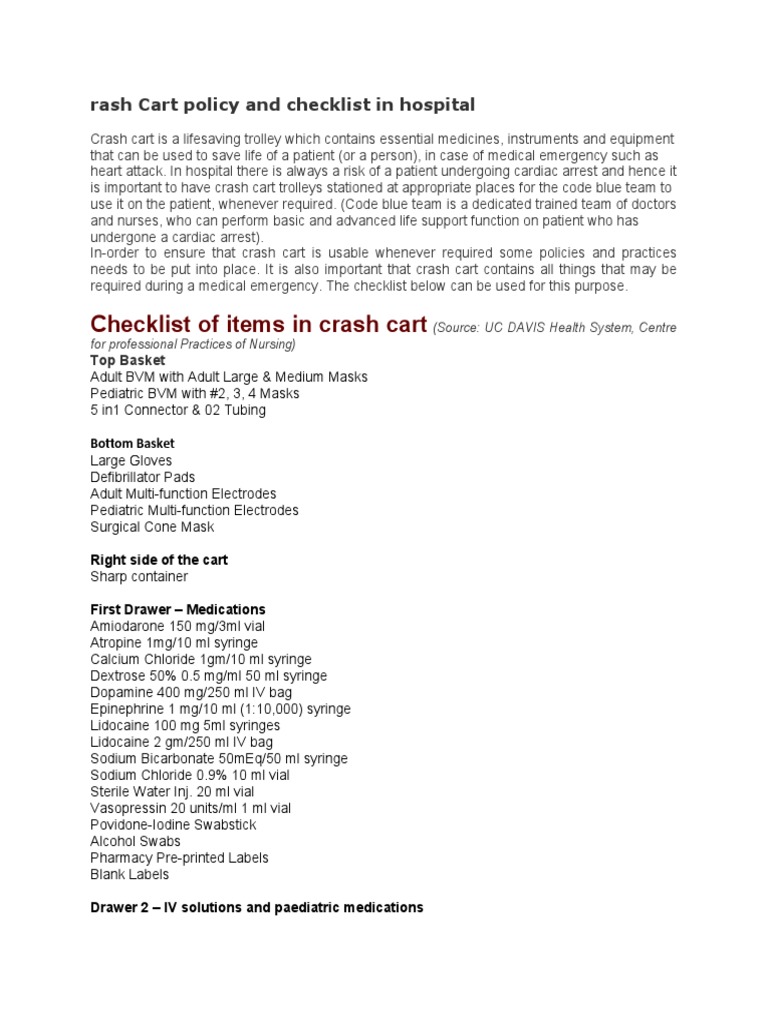 Crash Cart Policy and Checklist in Hospital Traning | PDF | Syringe ...