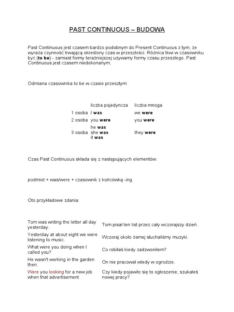PAST CONTINUOUS - Budowa | PDF