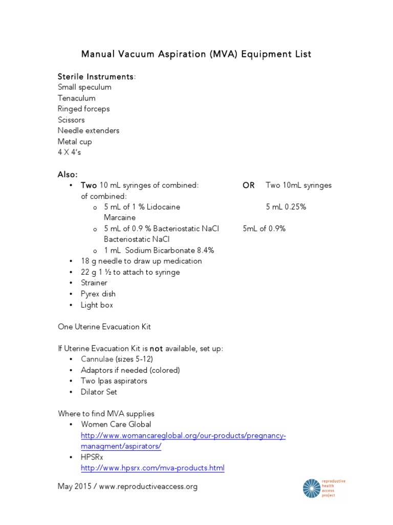 Manual Vacuum Aspiration (MVA) Equipment List: Cannulae | PDF | Wellness