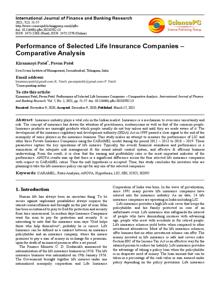 Performance of Selected Life Insurance Companies - Comparative Analysis ...