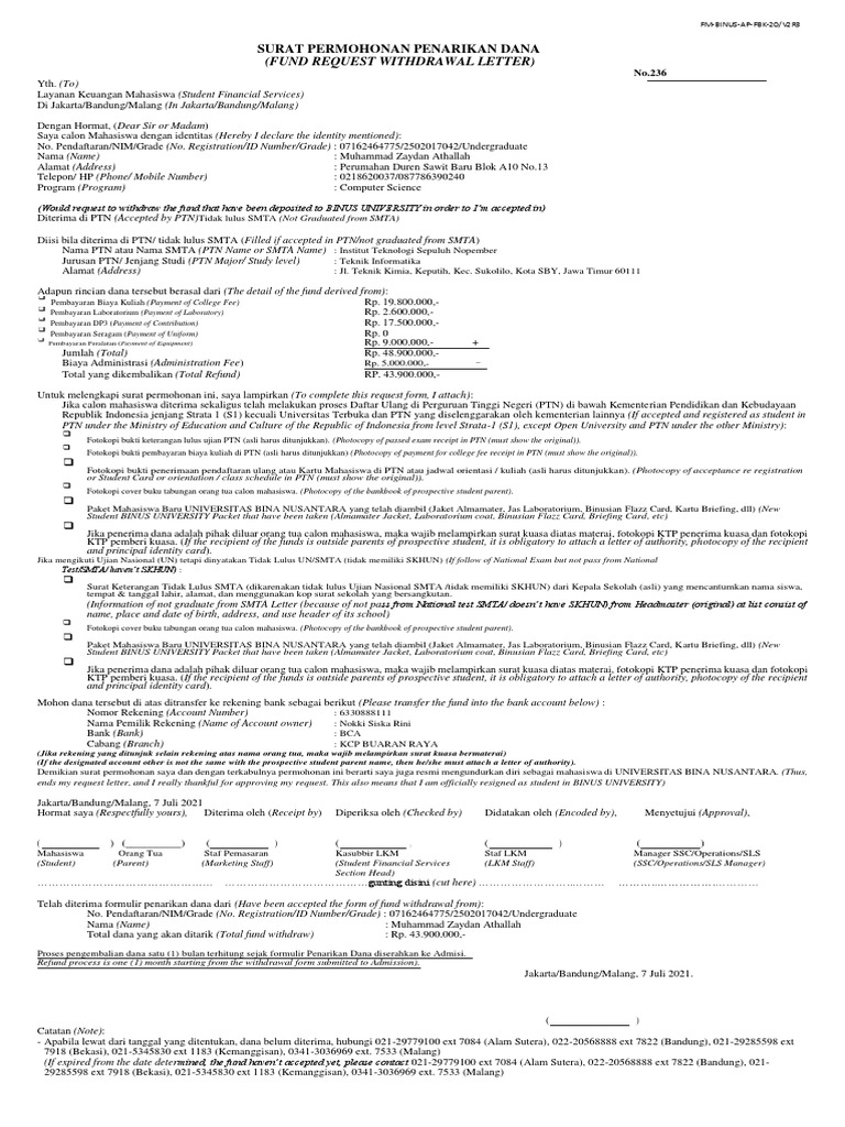 Form Pengembalian Dana Binus Terisi | PDF | Trade