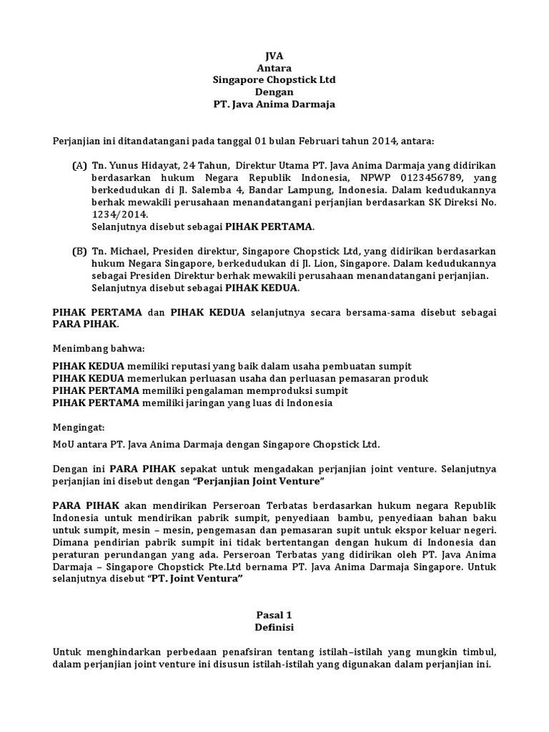 Contoh Surat Perjanjian Joint Venture at | PDF
