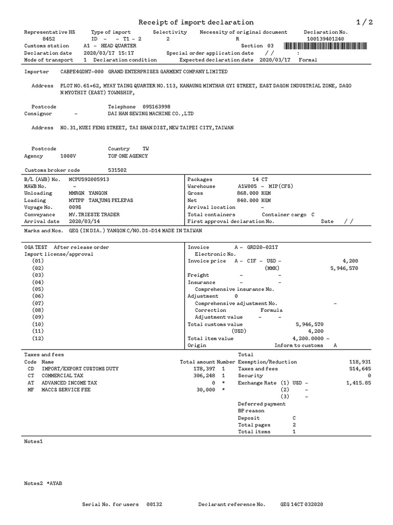 Receipt of Import Declaration 1 / 2 | Descargar gratis PDF | Customs ...