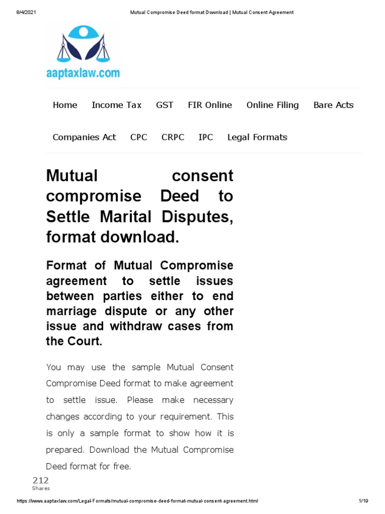 Mutual Compromise Deed Format for Divorce | PDF | Divorce | Lawsuit