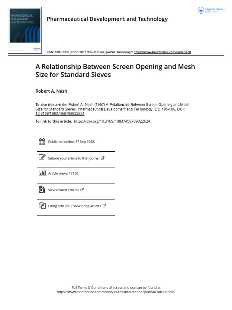 A Relationship Between Screen Opening and Mesh Size For Standard Sieves ...