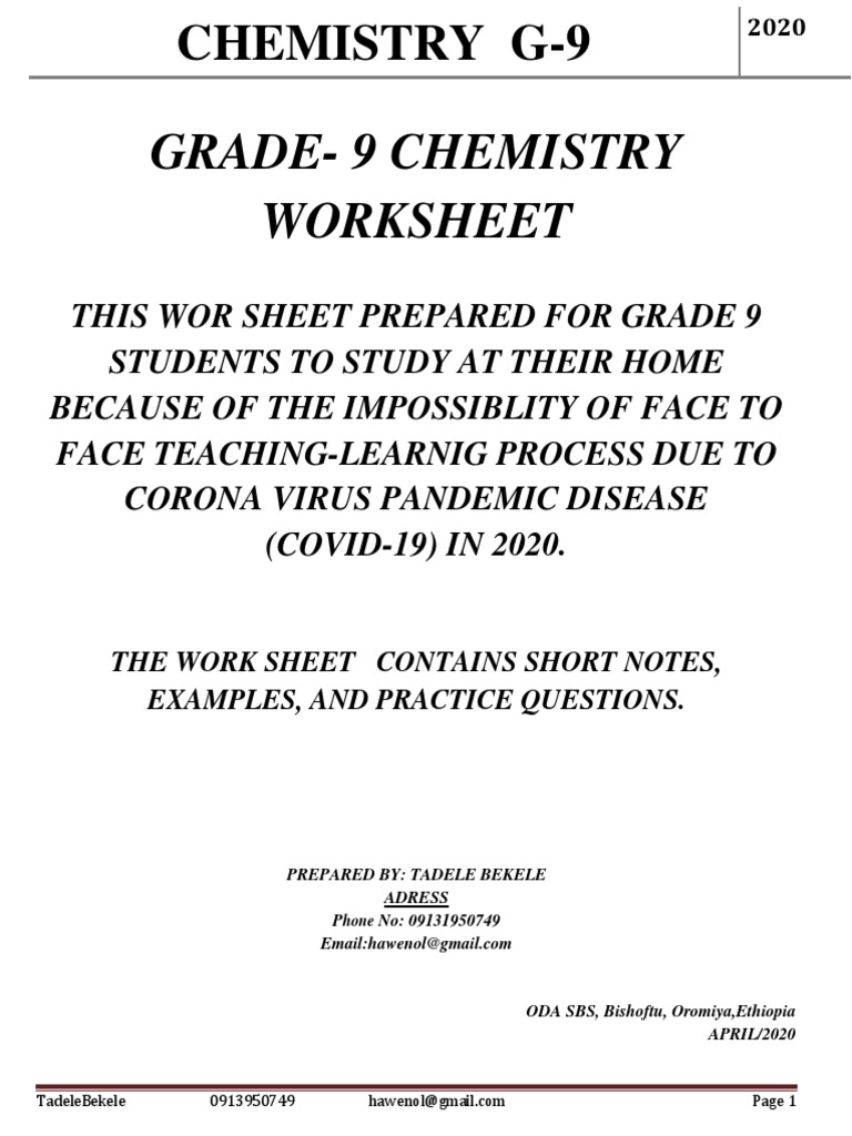 Grade-9 Chemistry Worksheet | PDF | Redox | Reaction Rate