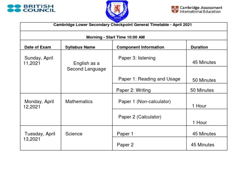 Cambridge Lower Secondary Checkpoint General Timetable | PDF