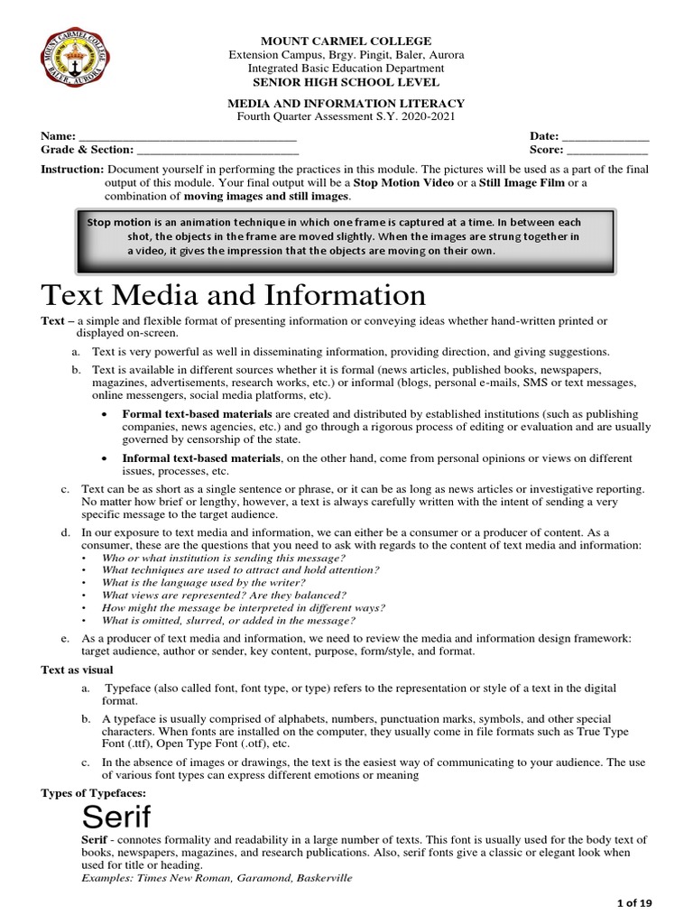 Text Media and Information: Examples: Times New Roman, Garamond ...