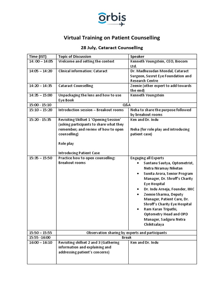 Cataract Counselling - Detailed Agenda | PDF | Health Sciences | Medicine
