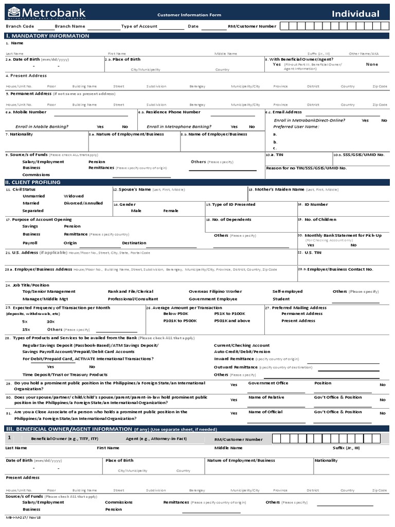 Customer Information Form for Banking | PDF | Banks | Debit Card