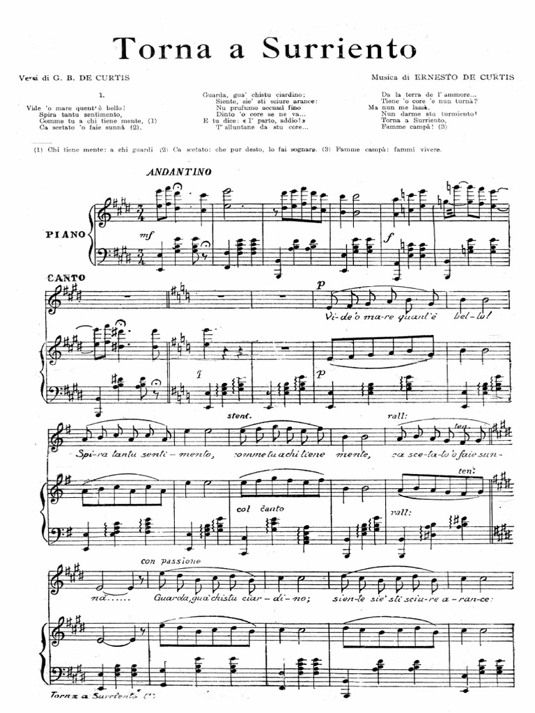 (Sheet Music) Torna A Surriento (Pianoforte) (Partitura) | PDF