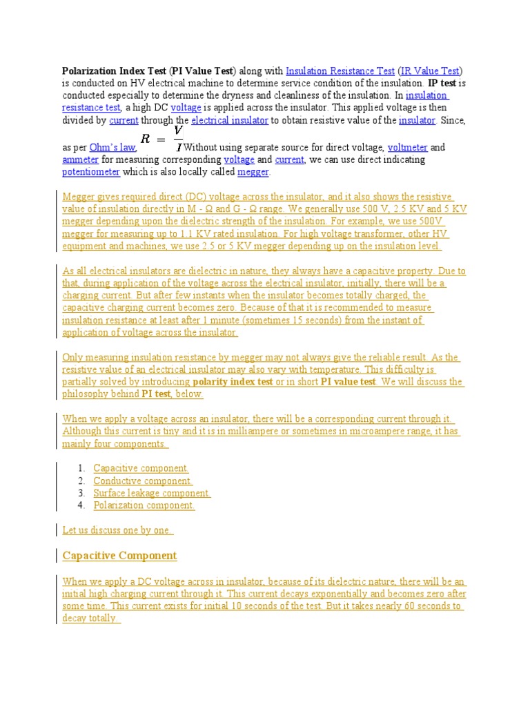 Polarization Index Test | PDF | Dielectric | Insulator (Electricity)