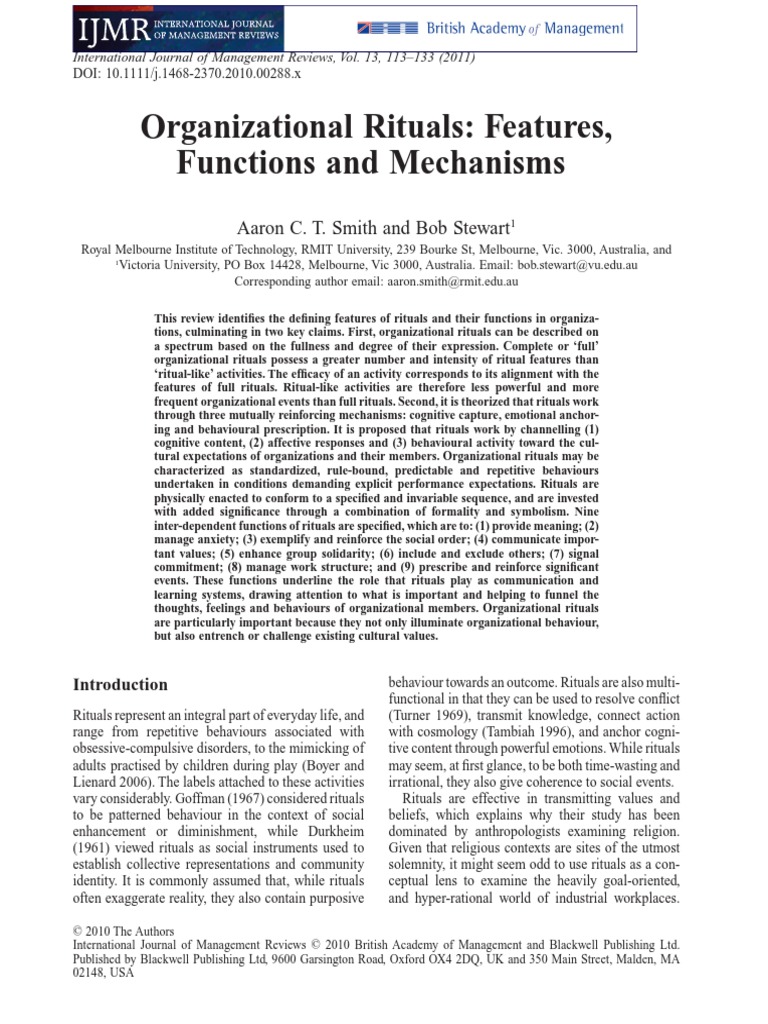 Smith, Aaron C. T. & Bob Stewart - 'Organizational Rituals - Features ...