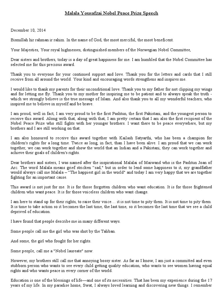 Malala Yousafzai Nobel Peace Prize Speech | PDF | Malala Yousafzai