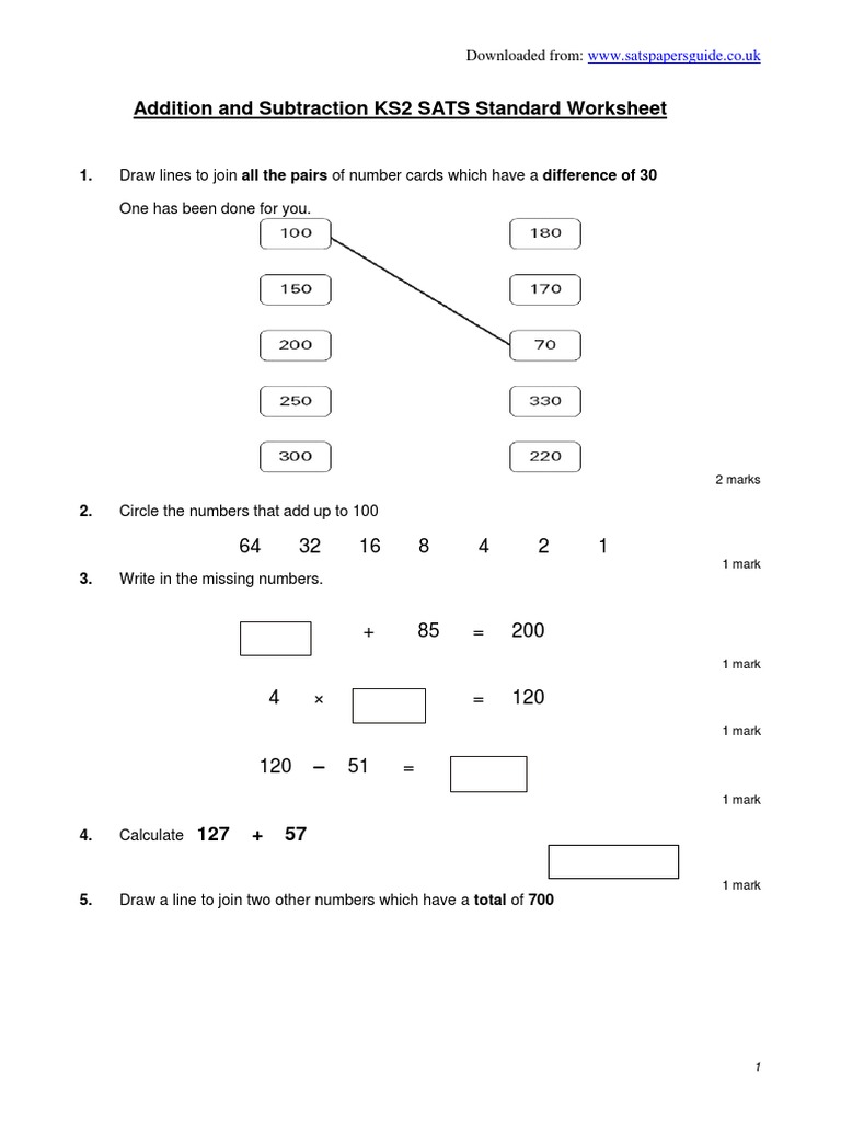 Addition and Subtraction KS2 SATS Standard Worksheet: WWW ...