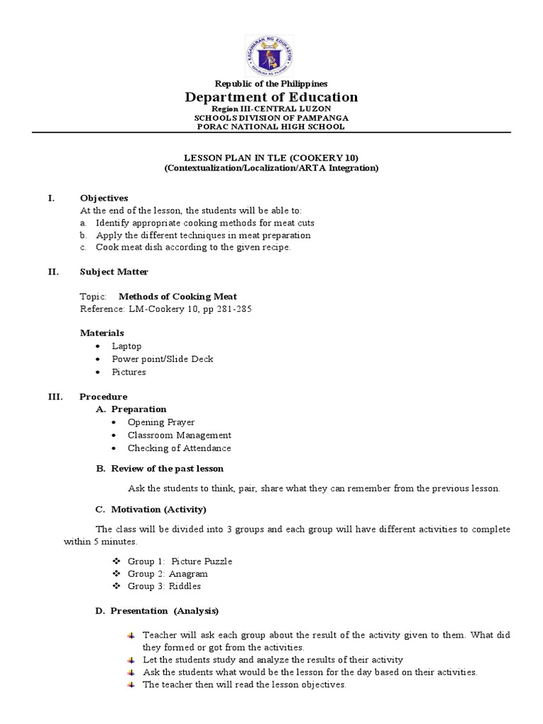 Cookery 10: Meat Cooking Methods | PDF | Cooking | Lesson Plan