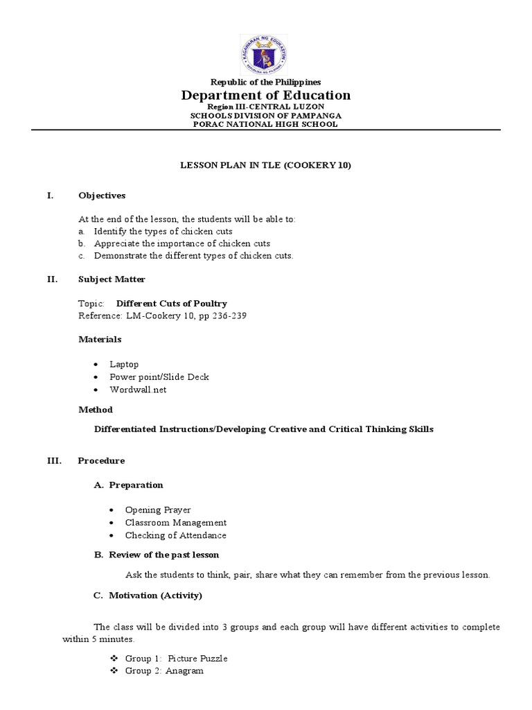 Lesson Plan Di Hots Cookery 10 | PDF | Teachers | Lesson Plan