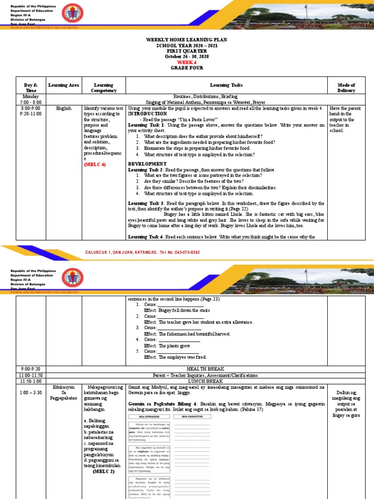 Weekly Home Learning Plan 2020 2021 Week 4 Oct 19 23 | PDF | Rhythm