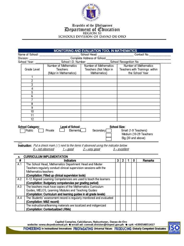 Monitoring and Evaluation Tool in Mathematics | PDF | Teachers | Curriculum
