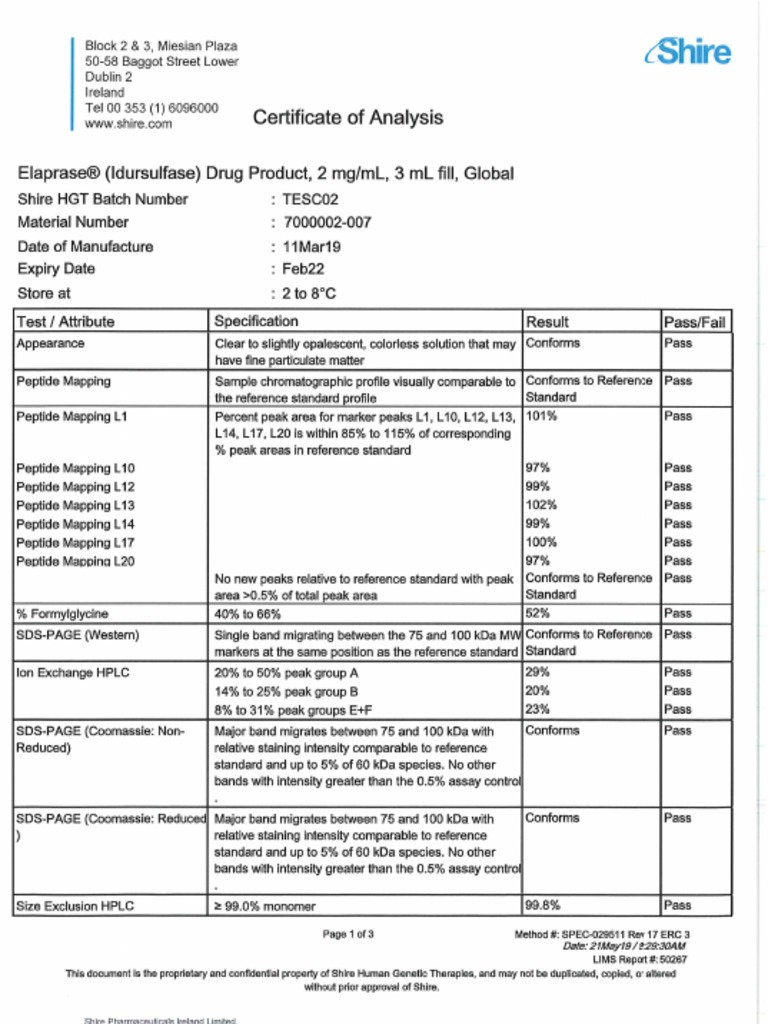 Elaprase - TESC02 COA | PDF