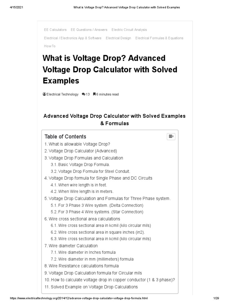 Advanced Voltage Drop Calculator With Solved Examples | PDF ...