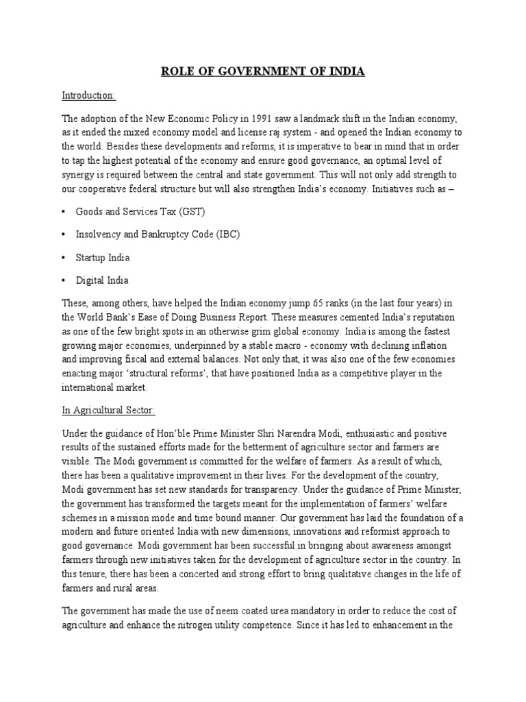 Role of Government of India | PDF | Agriculture | Economy Of India