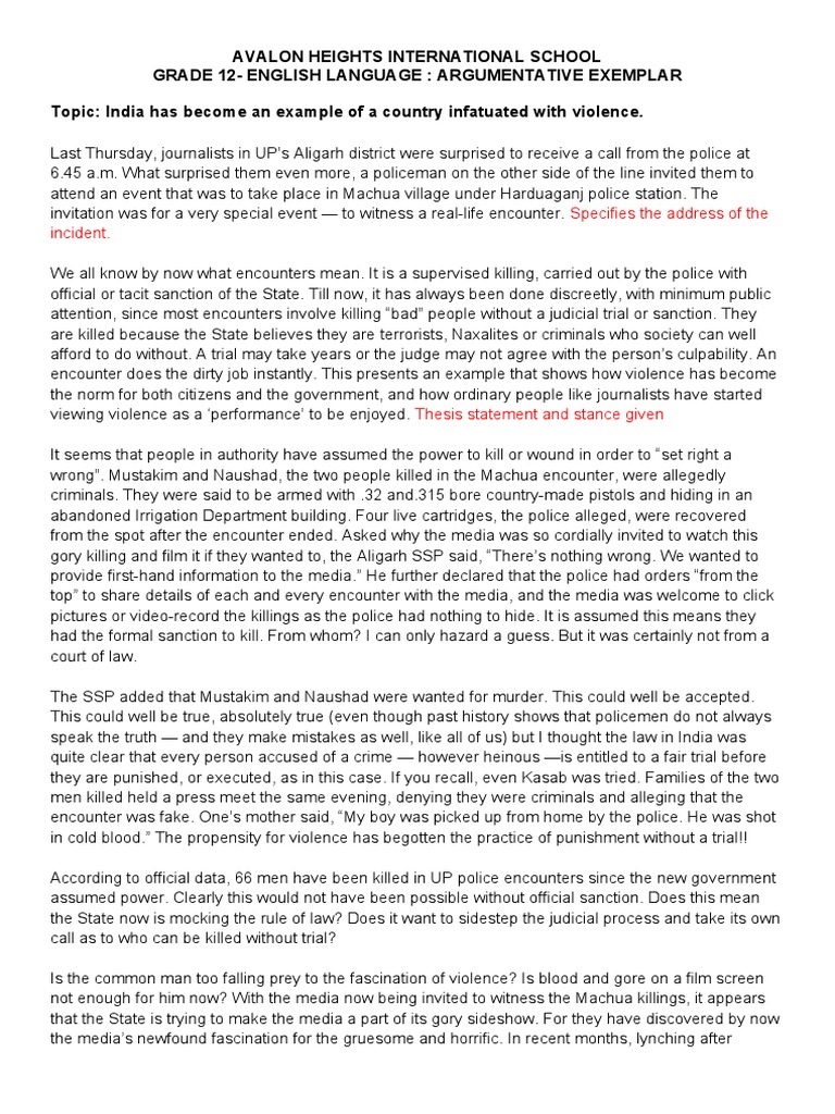 Grade 12 - Argumentative Writing - Exemplar On Violence | PDF ...