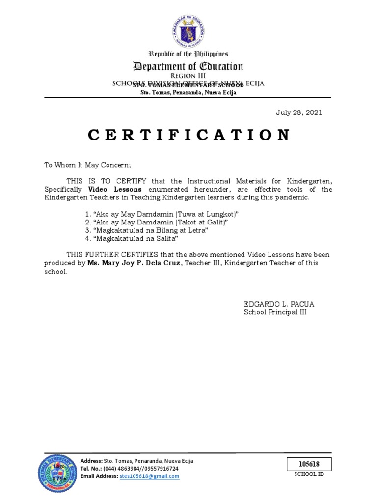 Certificate That The IMs Made Has Been Used by The School | PDF ...
